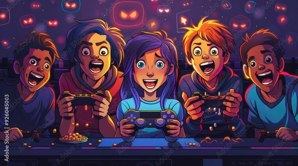 Cartoon Vector Excited cartoon characters competing in a multiplayer ...