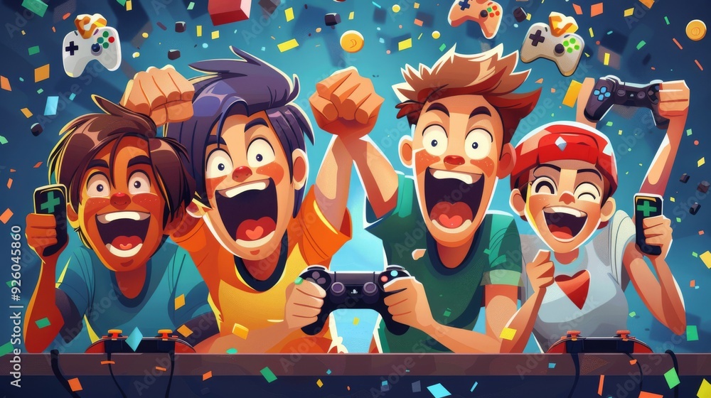 Cartoon Vector Excited cartoon characters competing in a multiplayer ...