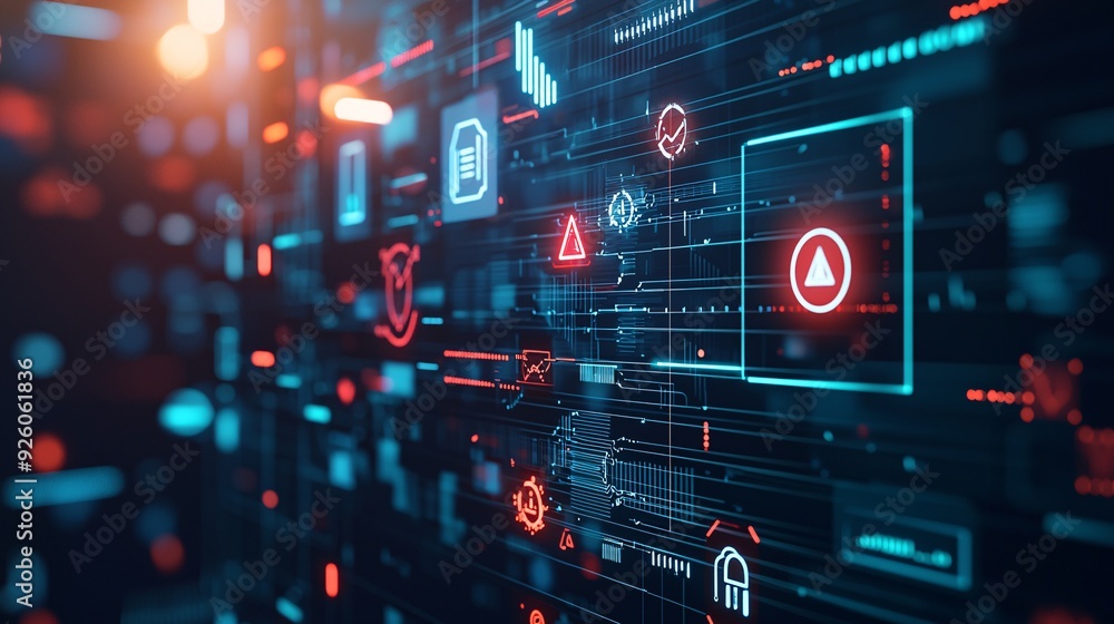 Risk management analysis, digital graphs with caution symbols, 3D ...
