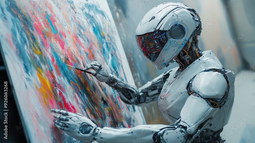 AI-powered robot artist painting a masterpiece, symbolizing creativity ...
