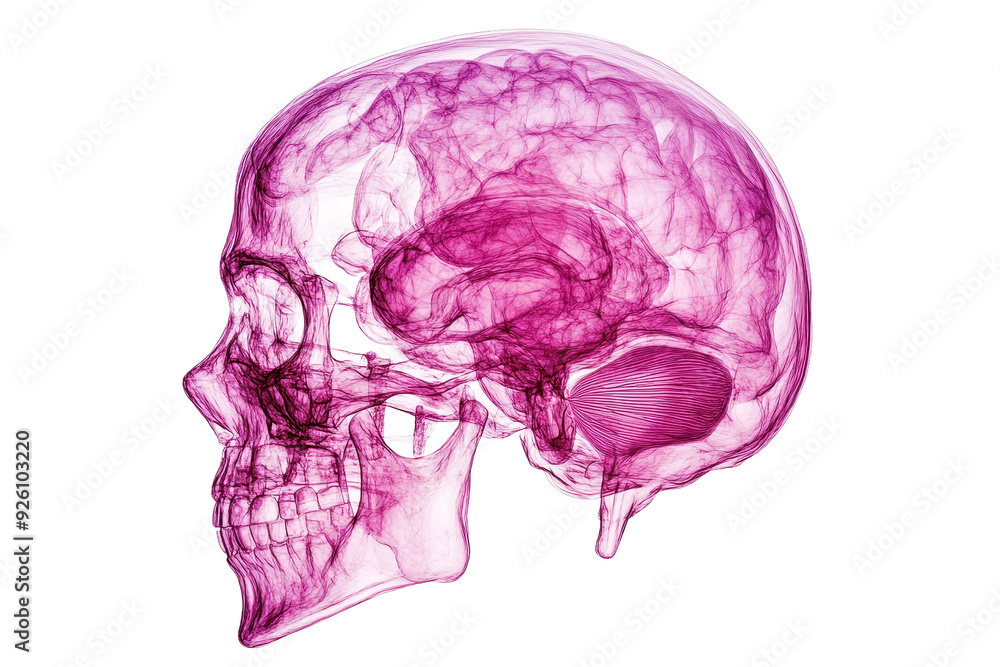 Transparent pink human skull X-ray revealing intricate details of ...