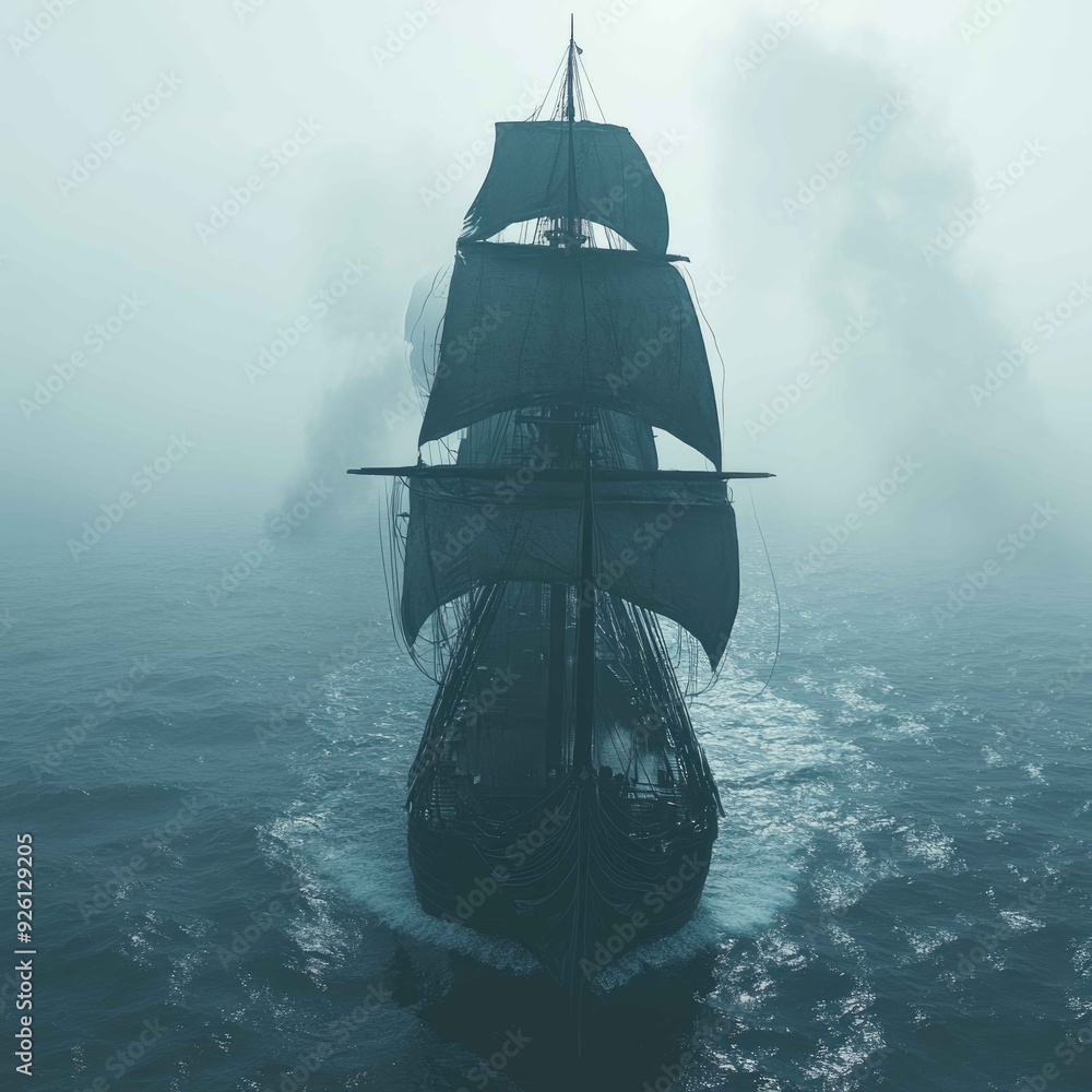 Foto de Stock Ghostly Pirate Ship Sailing Through Misty Seas with ...