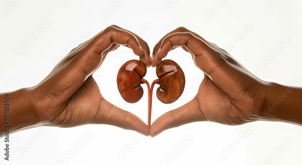 Two hands making a heart shape with a realistic human kidneys in white ...