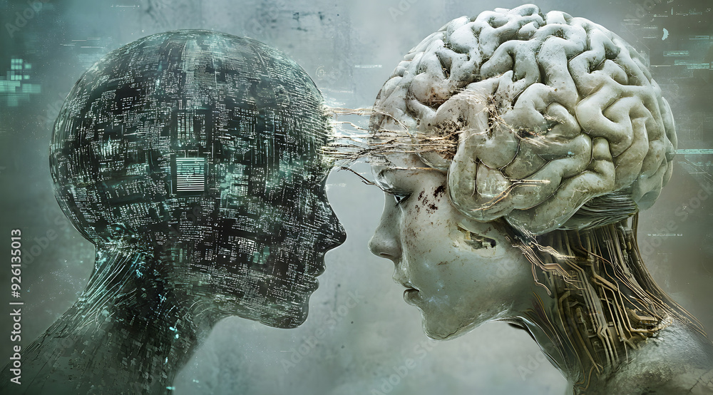 "Split-Screen Image Featuring Two Brains: One with Traditional Design ...