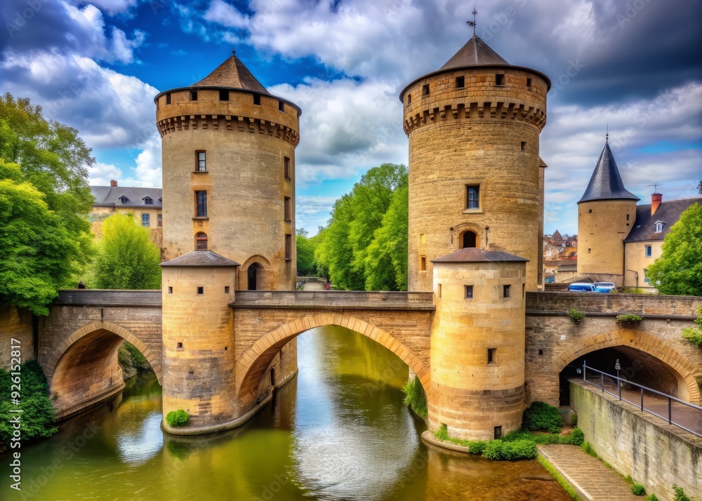 Medieval fortified bridge with two round towers of the 13th century, a ...