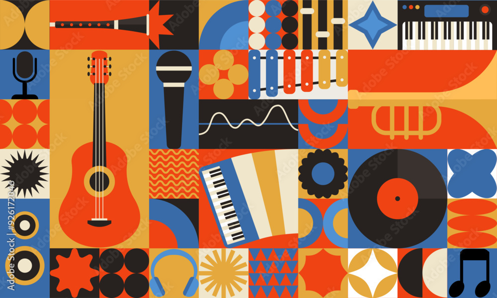 Geometric guitar, microphone and piano. Bauhaus pattern geometry ...