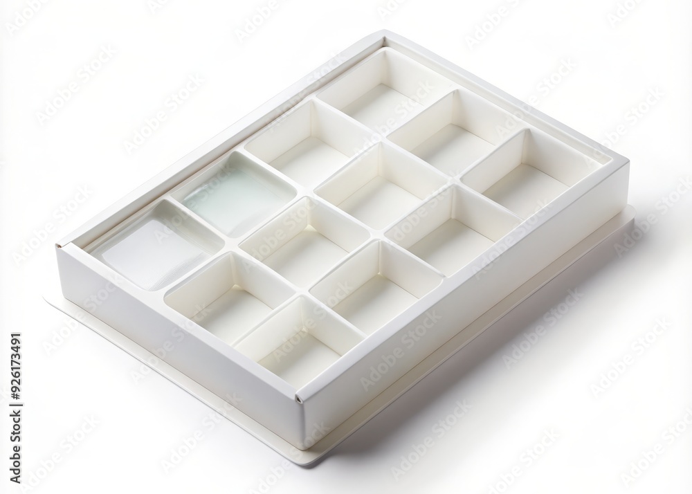 Empty white rectangular product packaging box with transparent plastic ...