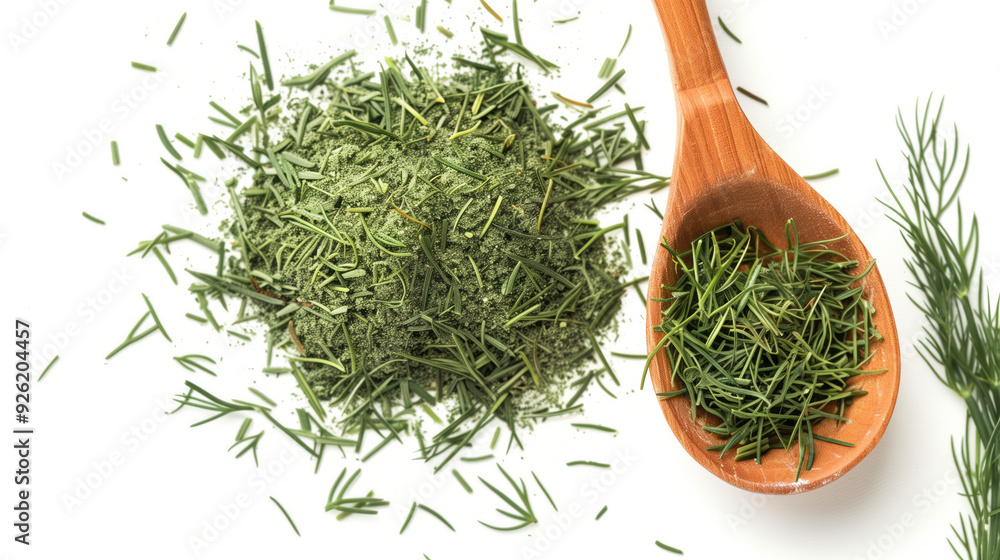 Foto de Stock Pile of dried dill weed and a spoonful of dill powder ...