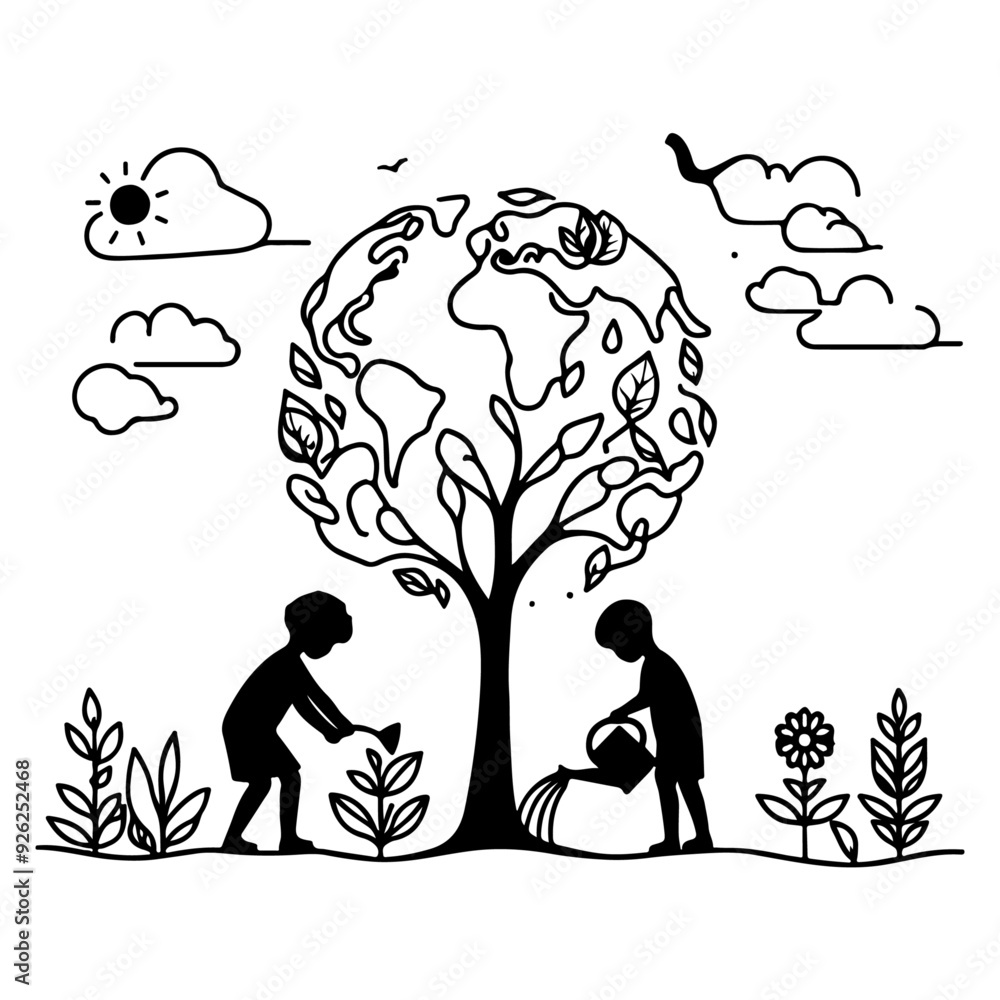 Continuous Line Drawing: Kids Planting a Tree to Save the World. One ...