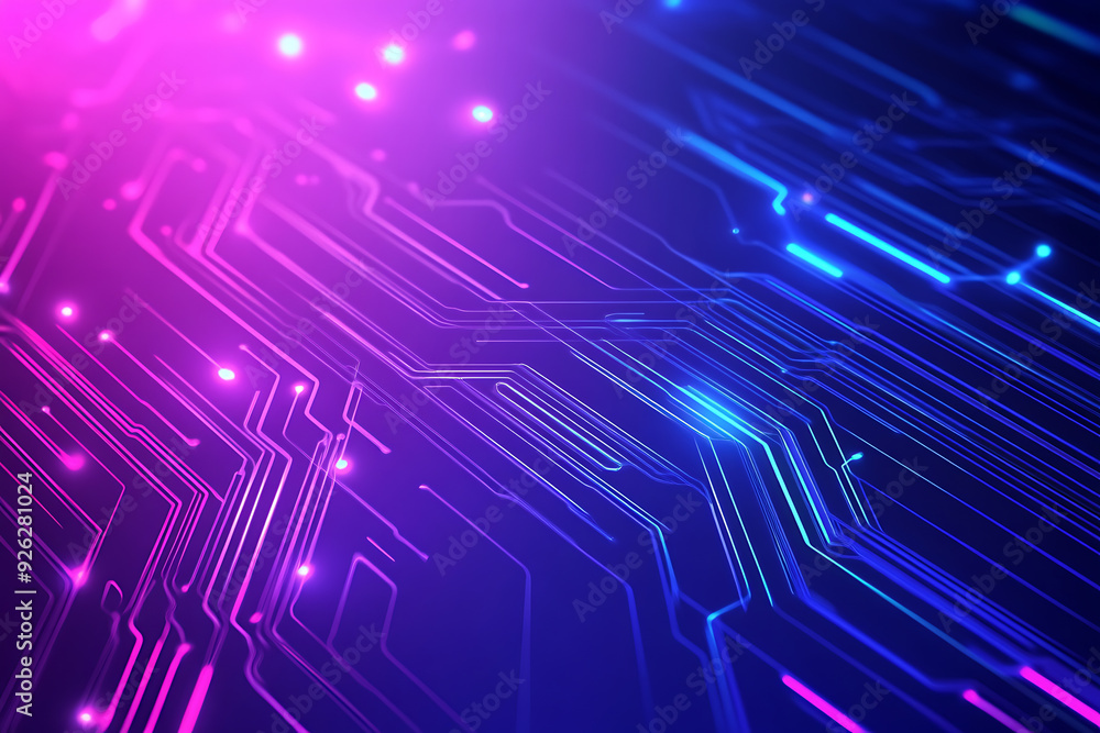 Futuristic vector illustration of an abstract circuit board with neon blue and purple gradients ...