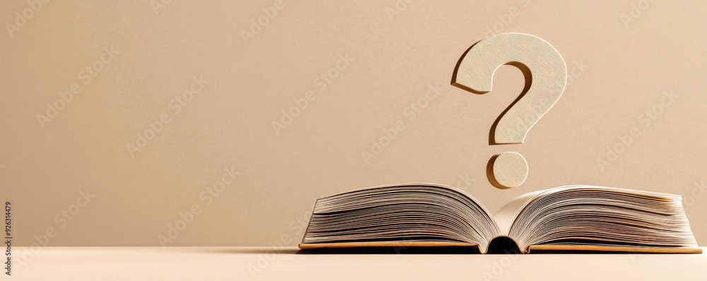 An open book with a floating question mark, symbolizing curiosity and inquiry in learning and ...