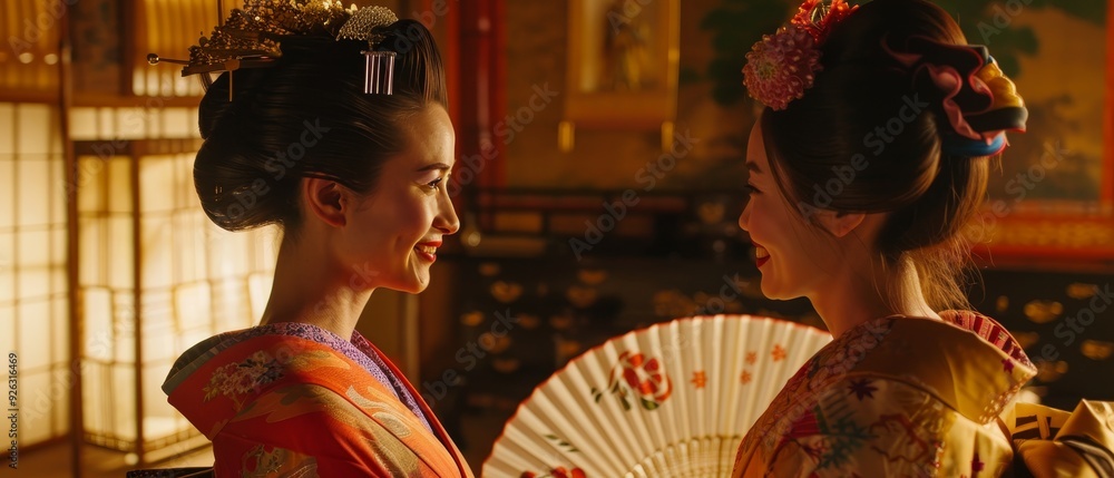 Geisha Engaging with Guest in Traditional Kyoto Tea Room Setting. Stock ...