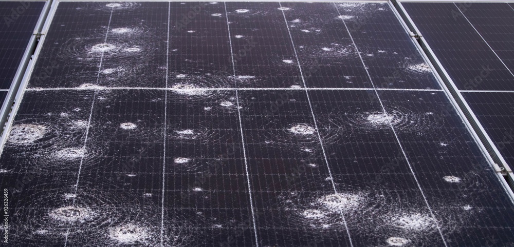 Close-up of severe hail damage on solar panels, showcasing multiple ...