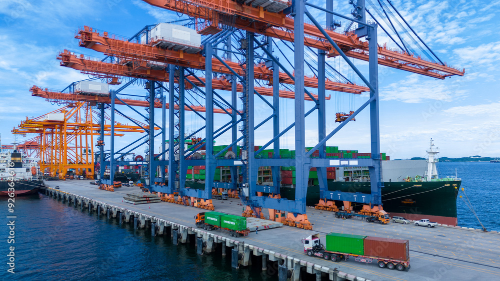 crane loading cargo container from truck to container ship in the ...