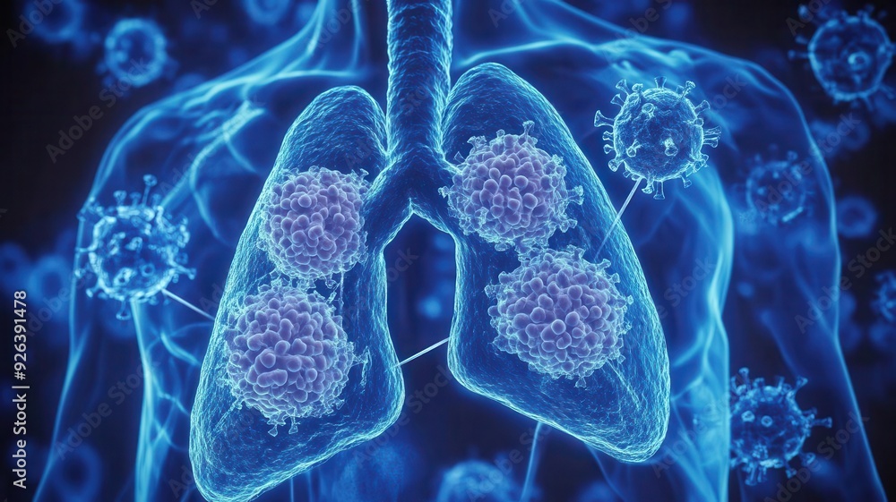 3D medical diagram showing the stages of lung cancer development, from ...