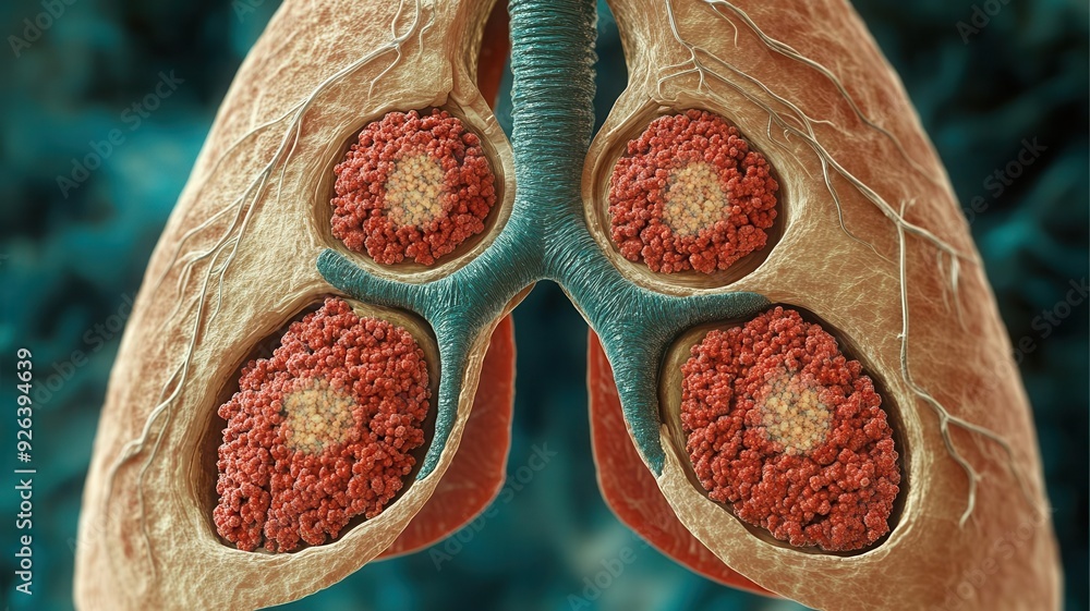 Cross-section of a lung showing stages of cancer progression ...