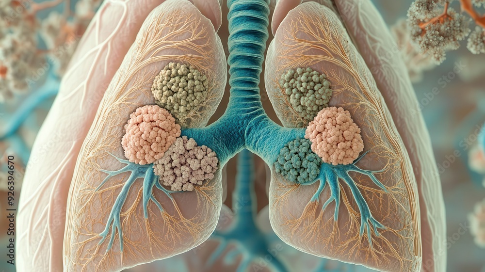 Cross-section of a lung showing stages of cancer progression ...