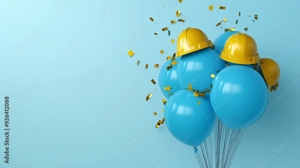 Construction worker’s helmet and blue balloons with confetti on a solid ...