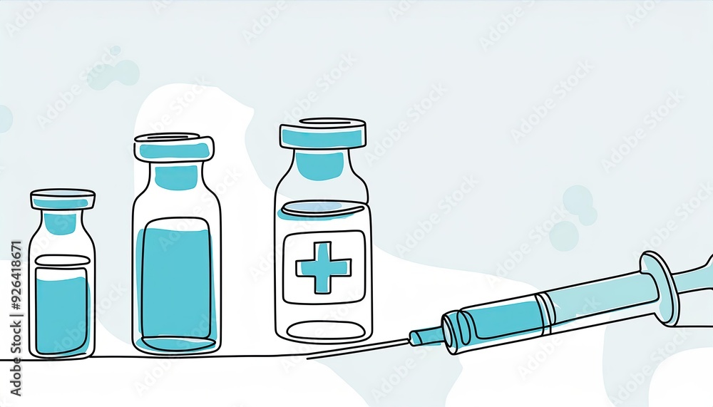 One continuous line drawing of medicine set with syringe and vial ...