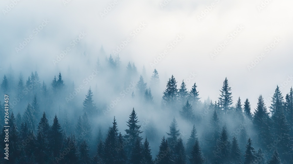 Dense Fog Enveloping a Pine Forest with Only the Tops of the Tallest Trees Visible Through the ...