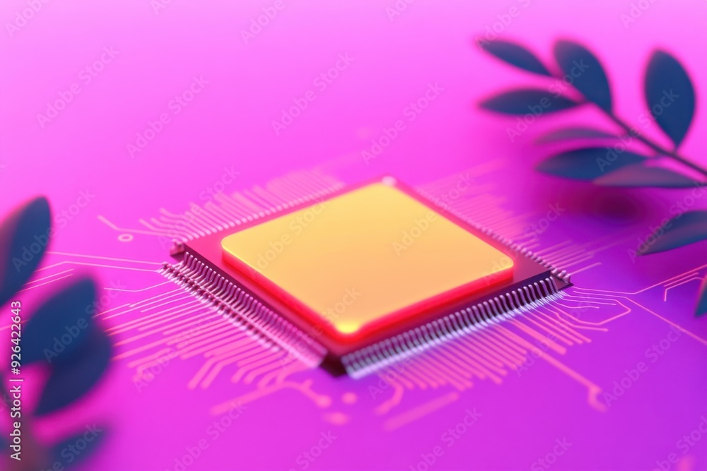 Tech Glow. Microchip glowing orange on purple circuit board technology ...