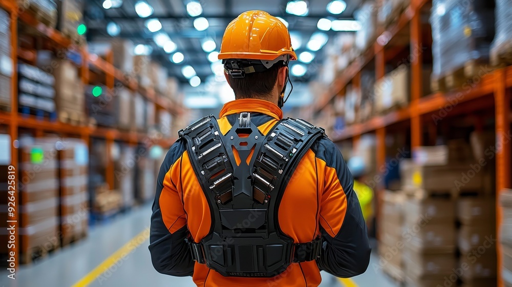Robotic exoskeleton for heavy lifting in warehouse Stock Illustration ...