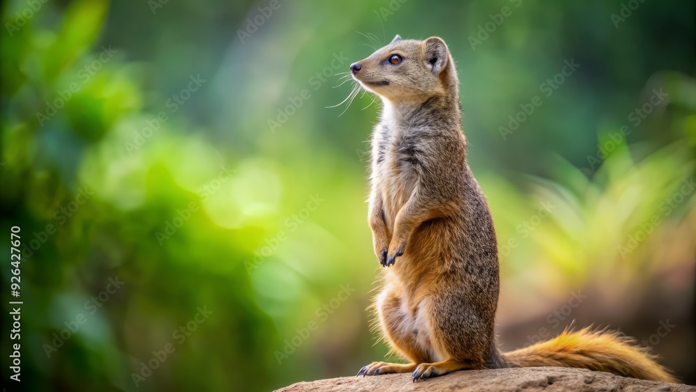 A curious mongoose stands upright on its hind legs, gazing intently ...