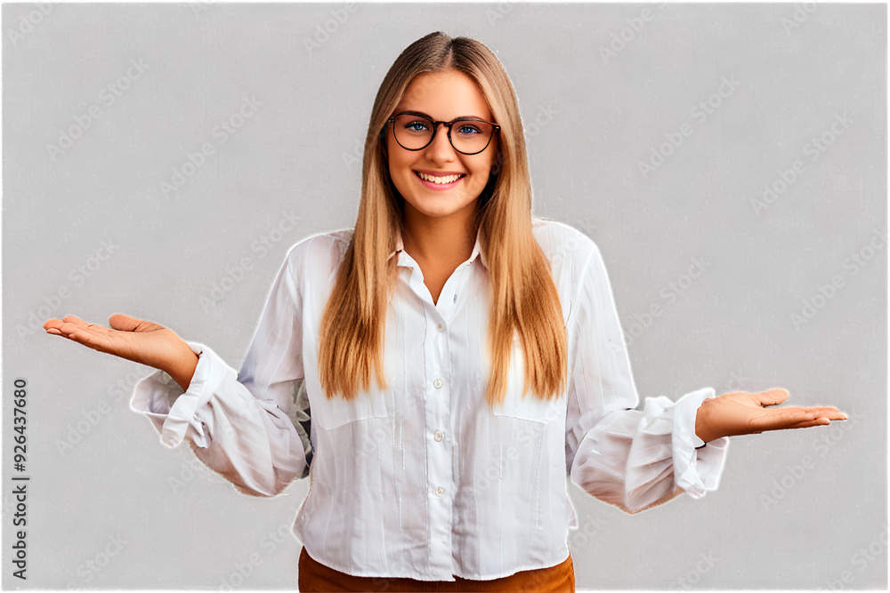 Beautiful young blonde woman wearing glasses smiling showing both hands ...