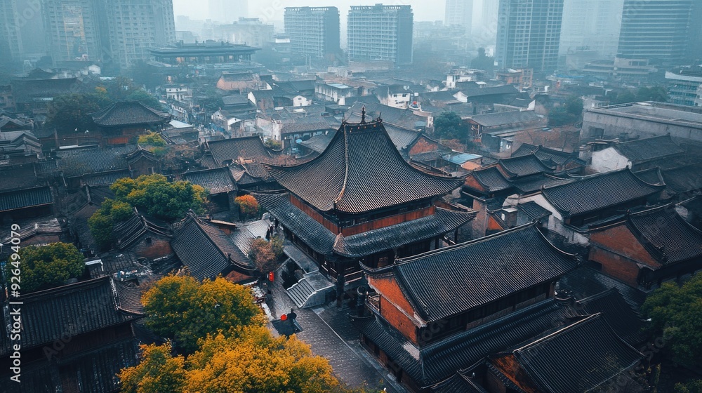 Overhead shot of the historic city of Chengdu, with its blend of ...
