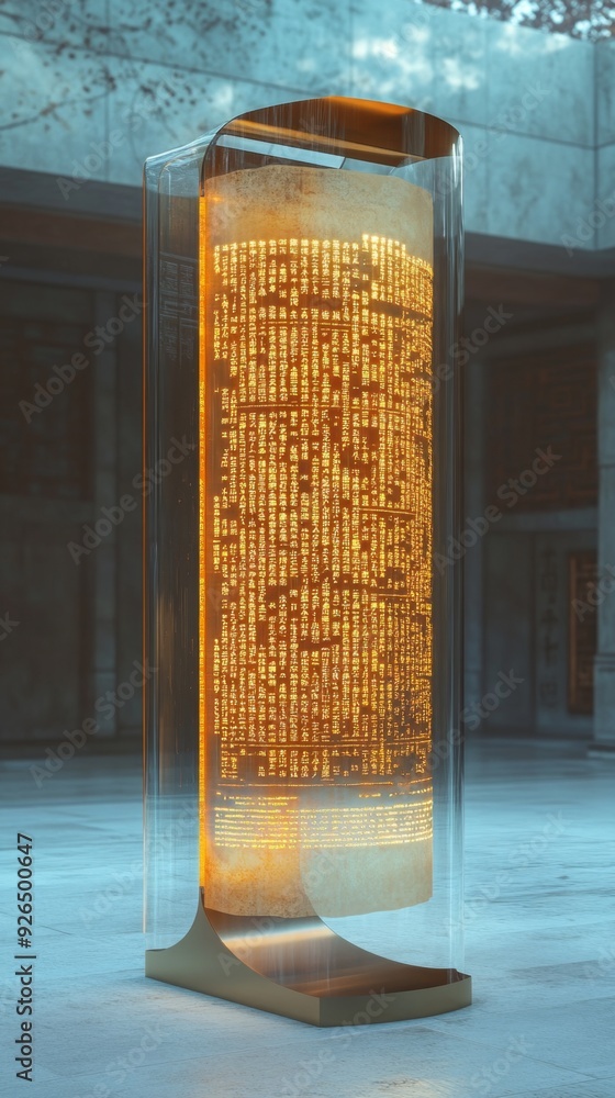 Futuristic Ancient Scroll: 3D Glass Sculpture with Golden Chinese ...