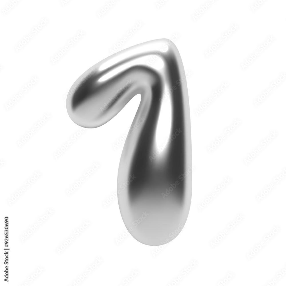 3D chrome number 1 in bubble Y2K futuristic style. Shiny silver glossy ...