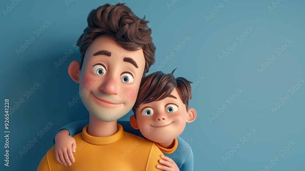 Animated father and son smiling with blue background, boy hugging ...