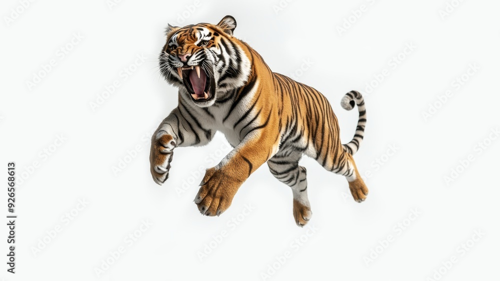 tiger jumping vertically, vicious roar, plain white background Stock ...