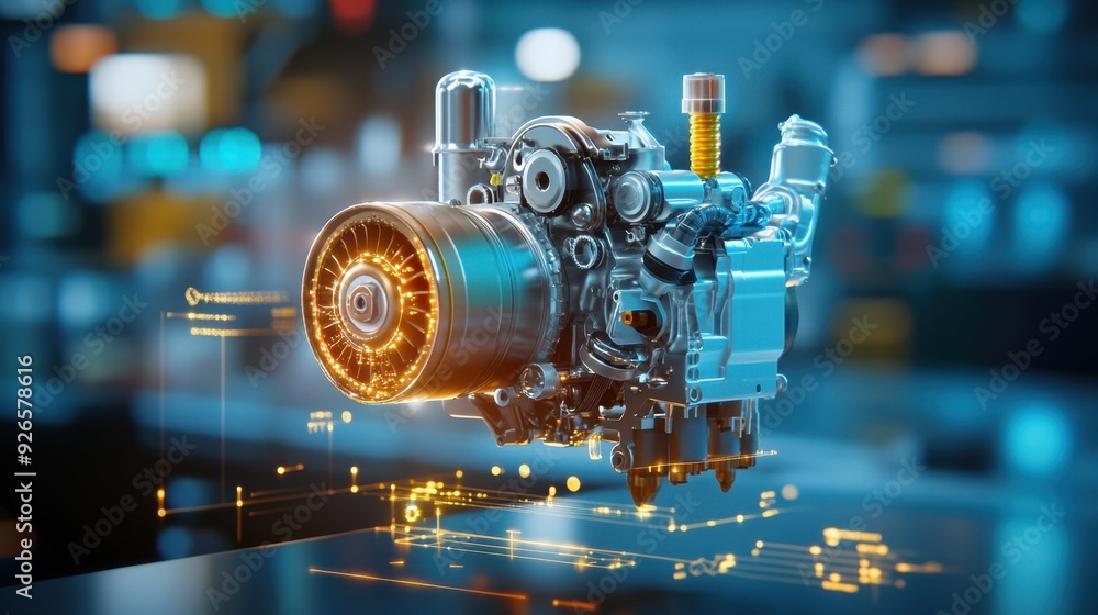 A modern hybrid engine disassembled, with each part floating and ...