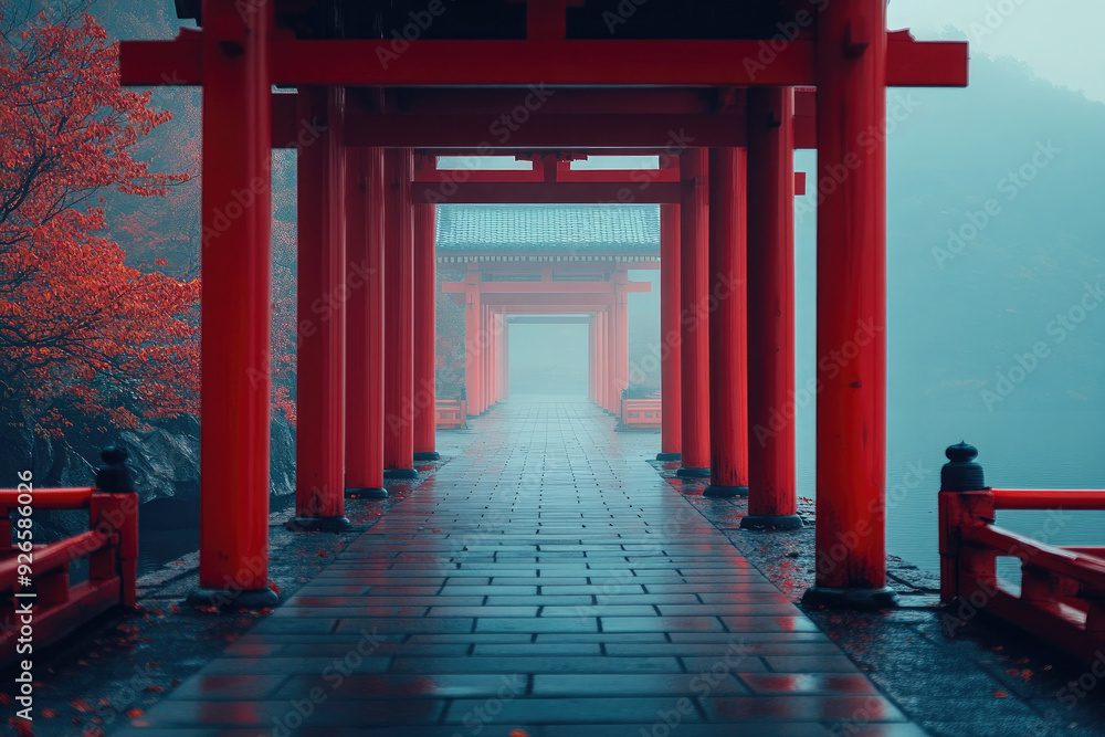Pathway lined with bright red torii gates leads to a temple shrouded in ...