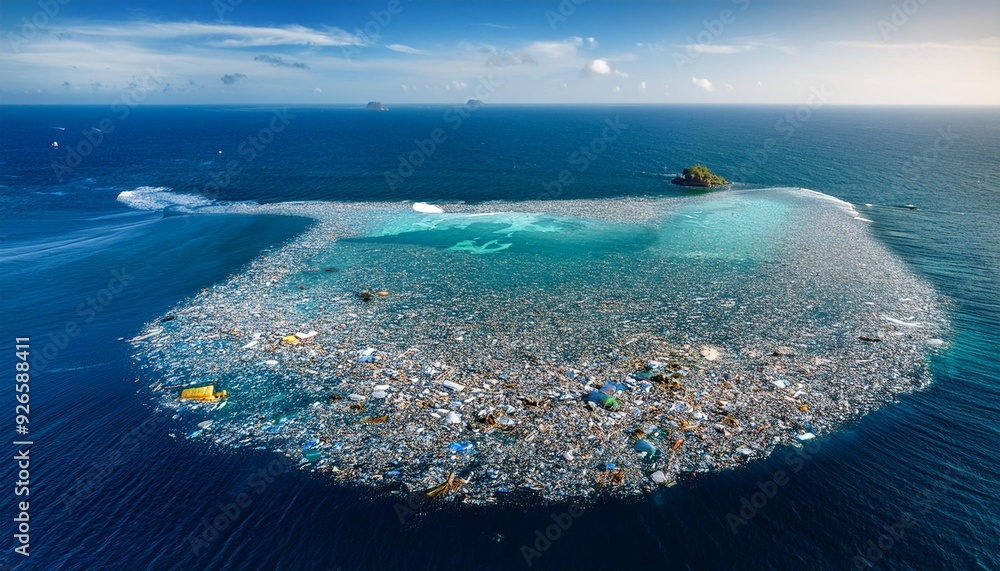 Huge island of plastic waste in the ocean, known as the Great Pacific Garbage Patch or Plastic ...