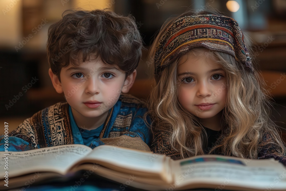 two children a boy and a girl studying together in a vibrant hebrew ...