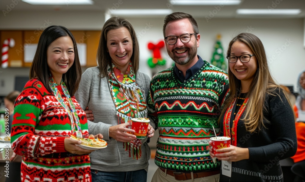 Office staff are having fun at a party in ugly Christmas sweaters ...