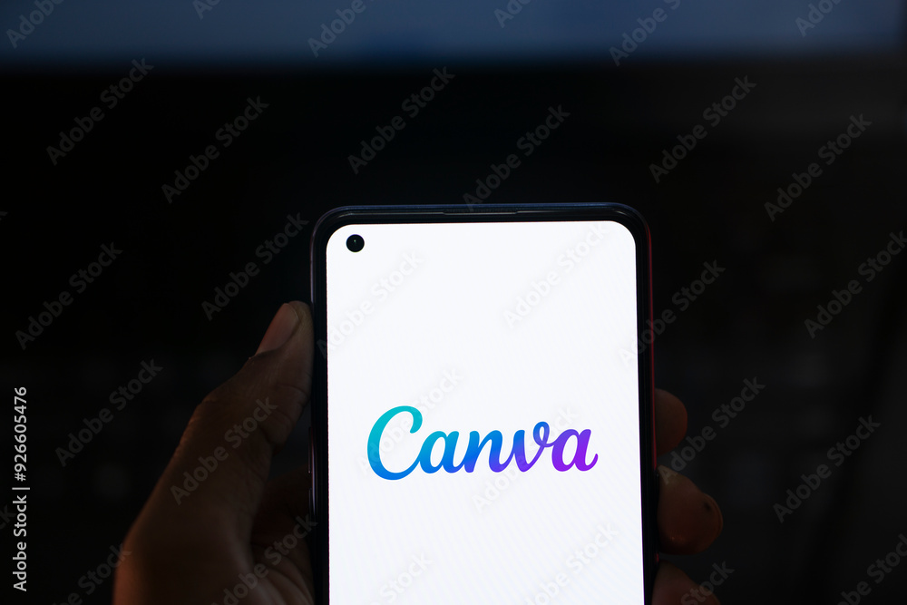 Dhaka, Bangladesh- 17 Aug 2024: Canva logo is displayed on smartphone. Canva is a versatile ...