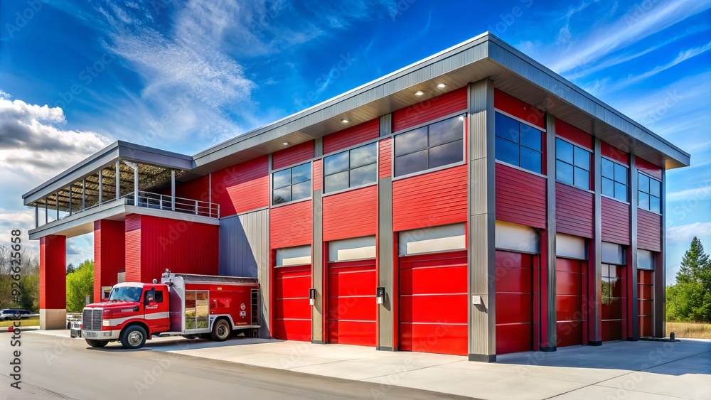 A modern fire station building with a bold red facade, large garage ...
