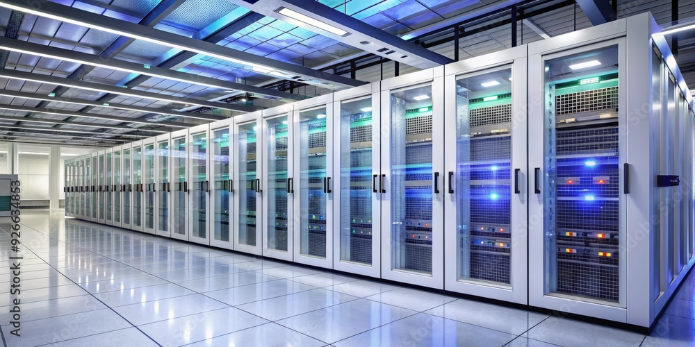 High-tech white server room with rows of sleek data racks, blinking lights, and ventilation ...