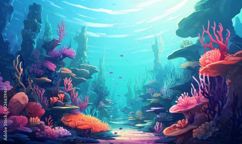 Underwater scene with coral reef, flat design, side view, aquatic theme ...