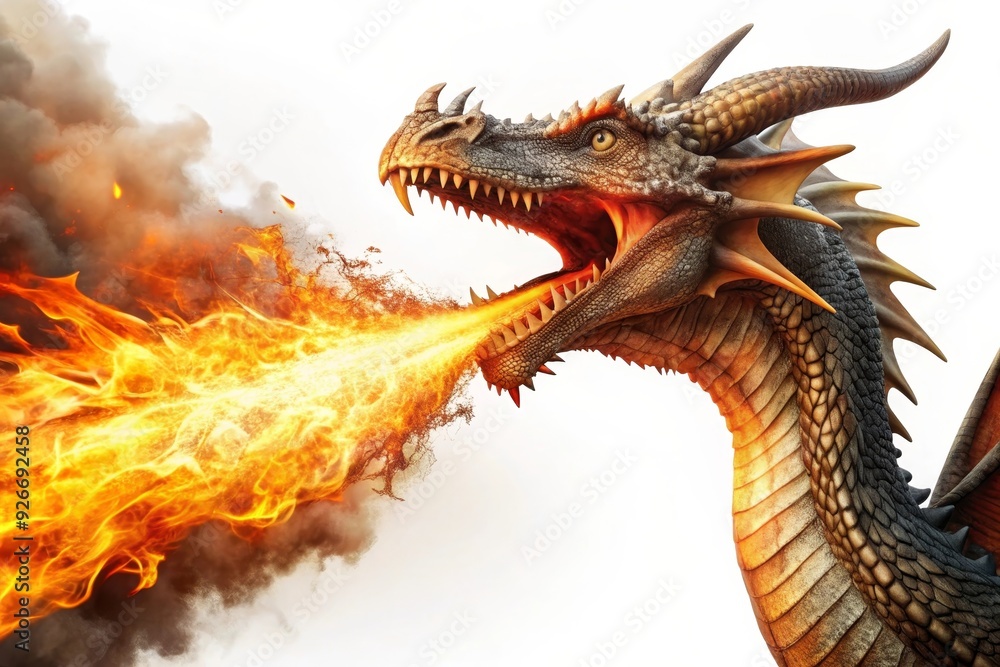 A close-up of a dragon's head with smoke and fire erupting from its ...