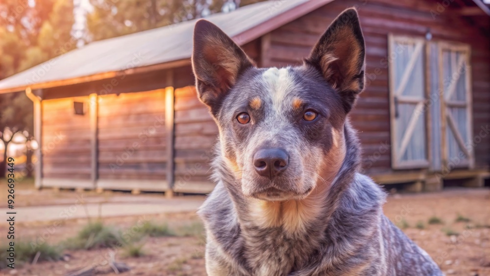 A friendly Blue Heeler dog stares intently at the camera, standing in ...