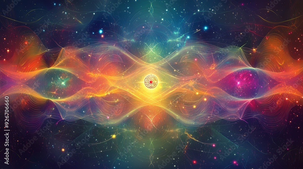 A vibrant depiction of sound waves forming patterns around a central ...