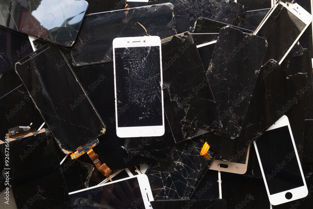 damaged LCD screens of mobile phones are collected as electronic waste ...