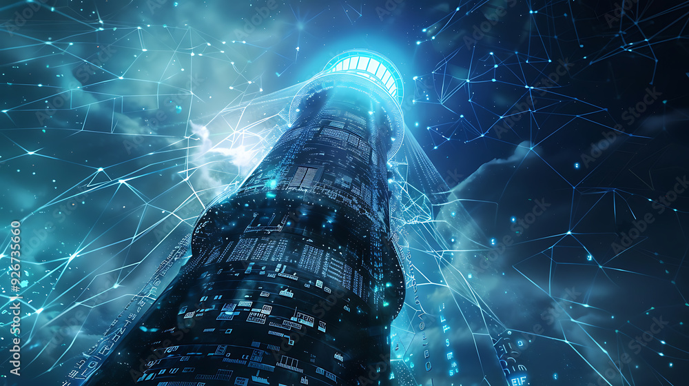 Towering lighthouse in a futuristic, digital world. Evolving technology ...