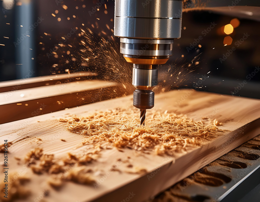 Cnc wood cutting cutter drills holes into a wooden plank Stock ...