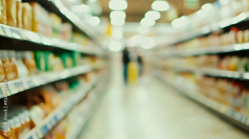 Blurry aisle in a grocery store with shelves full of products. Stock ...