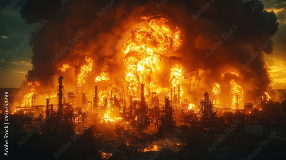 Massive industrial explosion with a big flame of fire and thick black ...
